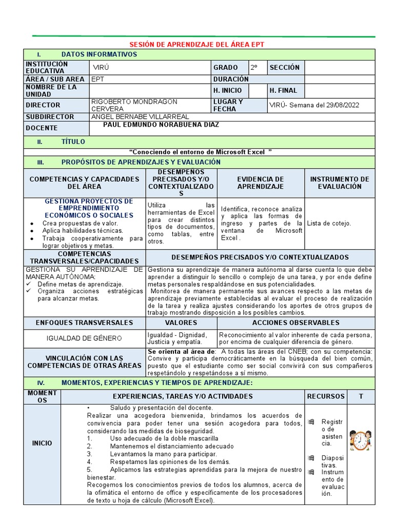 Sesion de Aprendizaje EPT.-excEL | PDF | Aprendizaje | Evaluación
