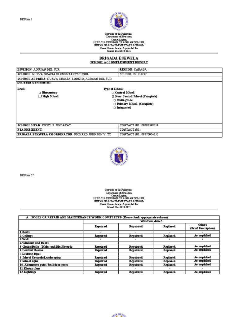 Be Form 7 School Accomplishment Report | PDF