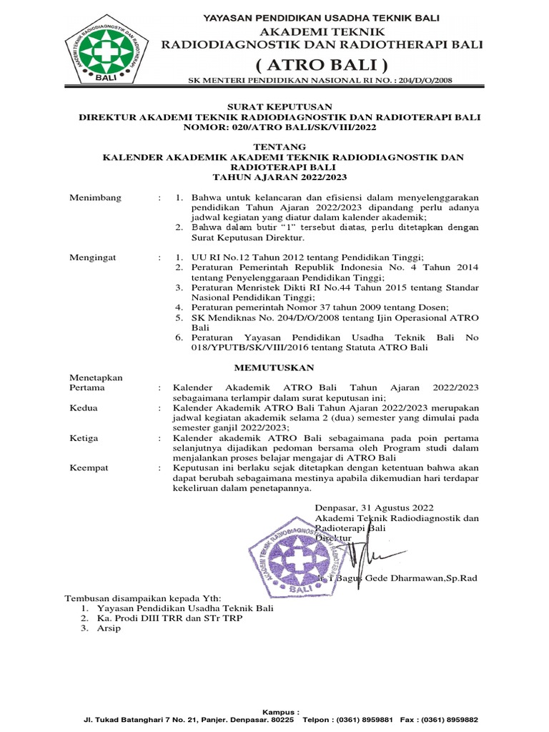 020 SK Kalender Akademik ATRO Bali TA 2022 2023 | PDF