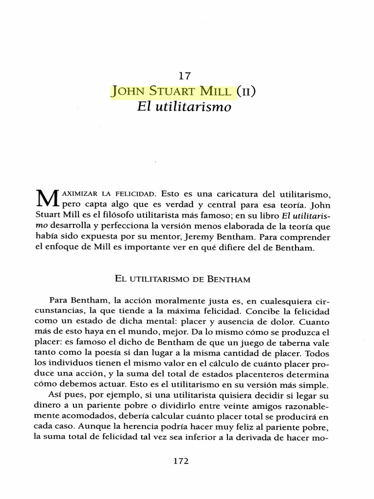 Placeres en el Utilitarismo de Mill | PDF | John Stuart Mill | Utilitarismo