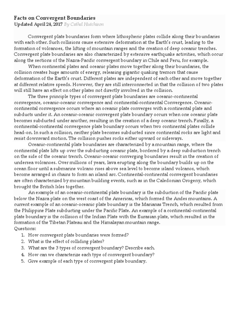 ARTICLE ON Facts On Convergent Boundaries | PDF | Plate Tectonics | Volcano
