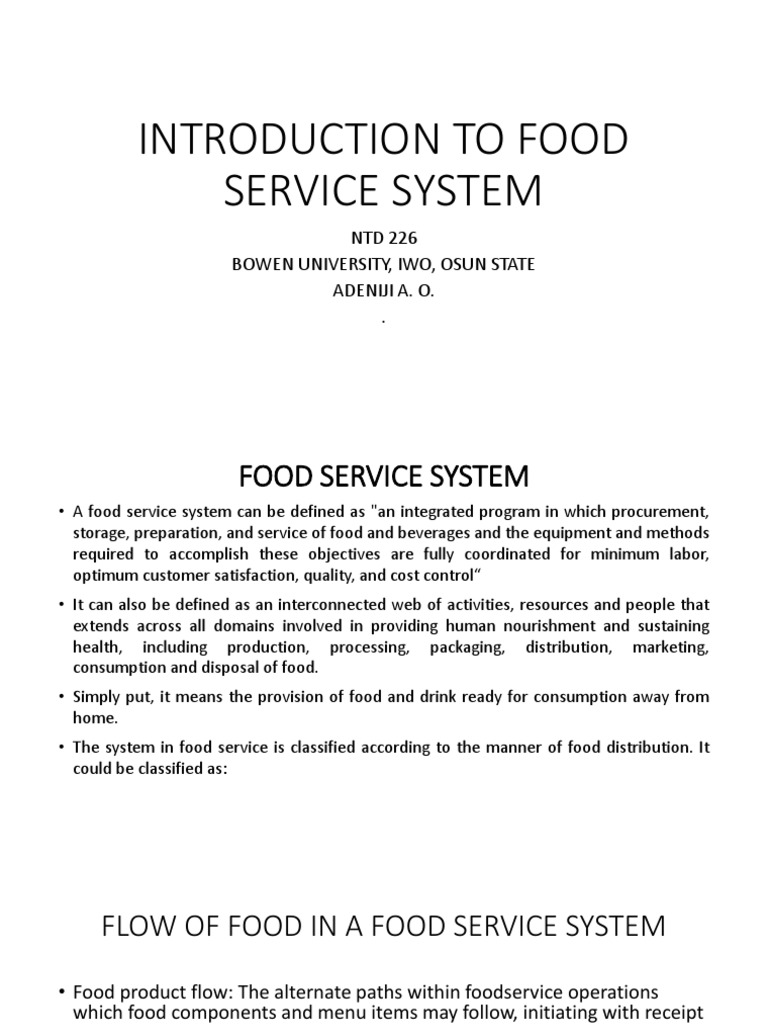 Introduction To Food Service System: NTD 226 Bowen University, Iwo ...