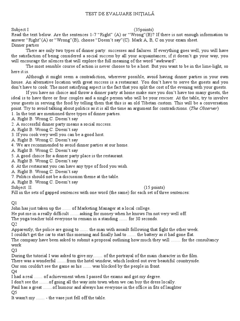 Initial Assessment Test for English Class | PDF | Language Arts ...