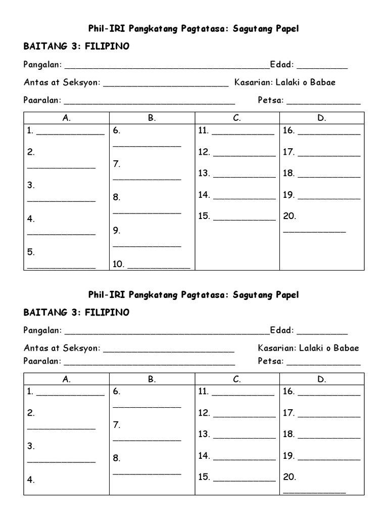 Phil IRI GST Answer Sheet Complete 3 6 Filipino and English | PDF | Sex | Sexual Reproduction