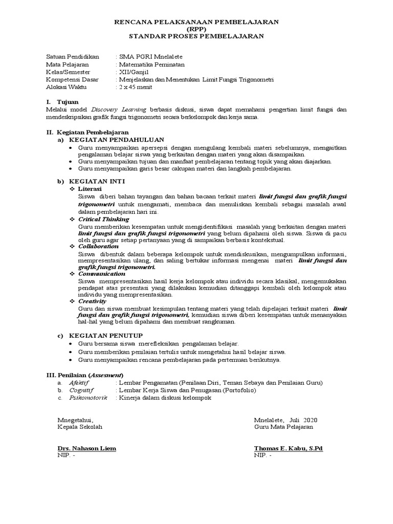 Contoh RPP 1 Lembar | PDF