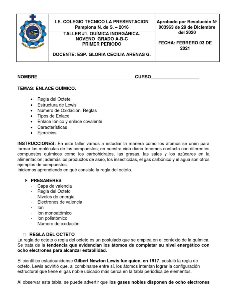 Taller 1 De Enlace Químico Pdf Enlace Químico Enlace Covalente