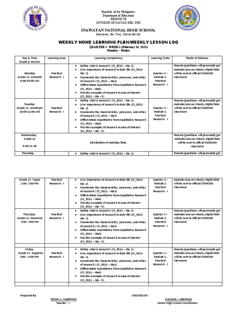 Weekly Home Learning Plan Rodel - 3rd Quarter | PDF | Cognition | Learning