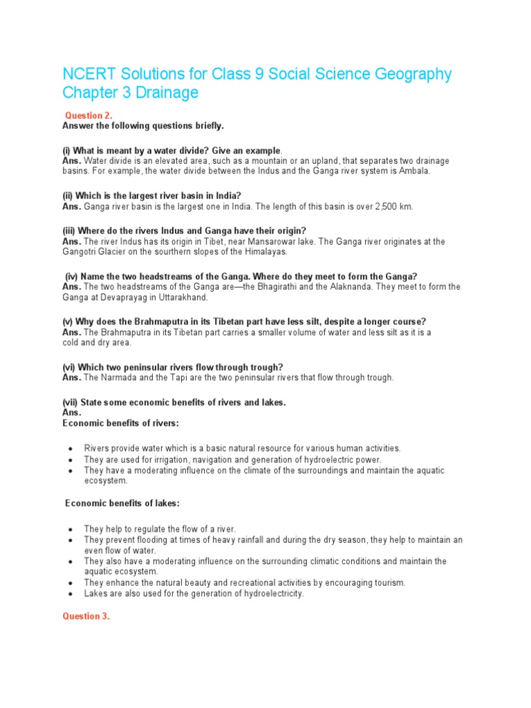 NCERT Solutions For Class 9 Social Science Geography Chapter 3 Drainage ...
