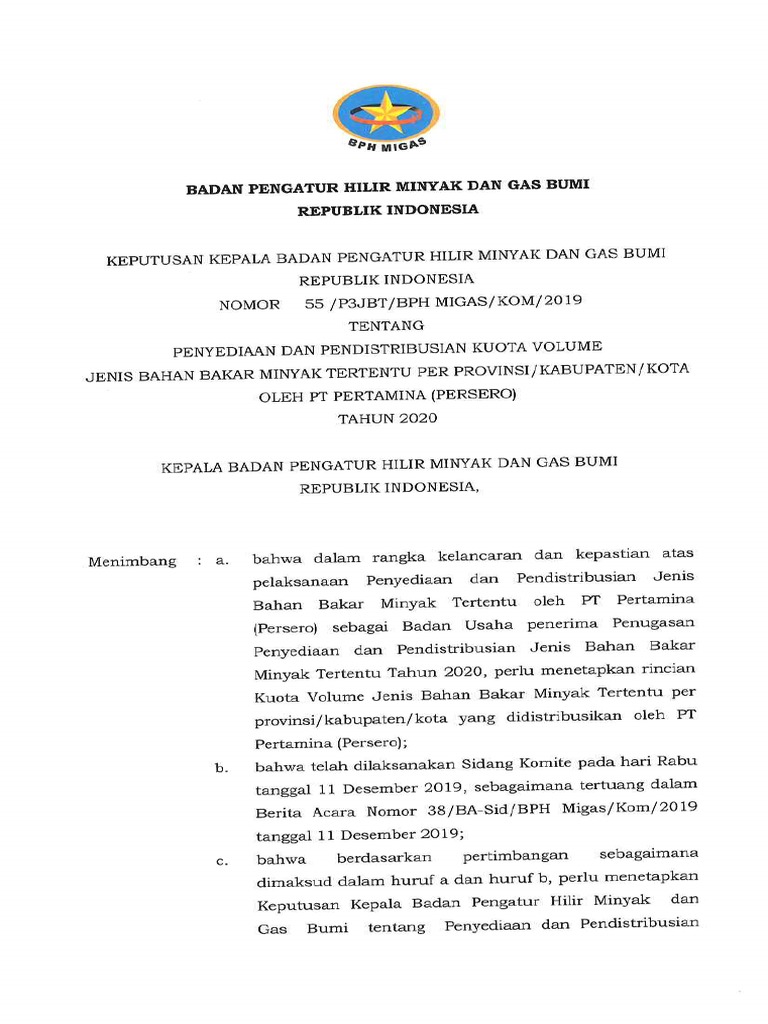 SK No. 55 Kuota JBT PT Pertamina (Persero) Tahun 2020 | PDF