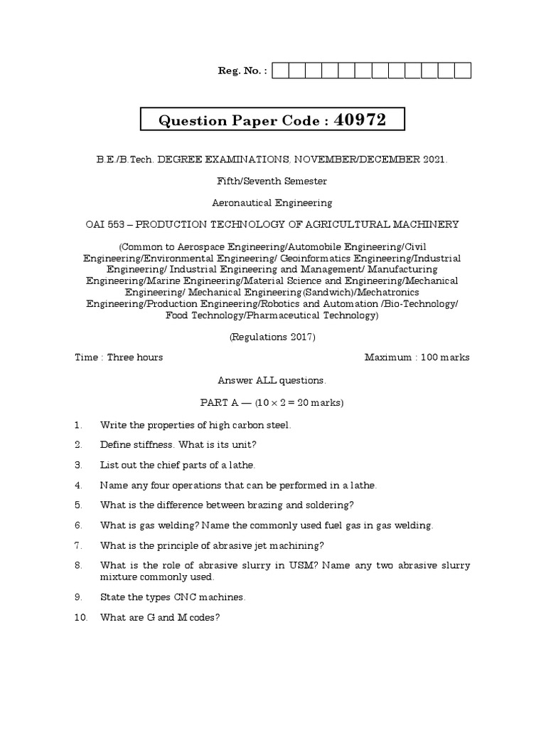 PTAM University Question Papers | PDF | Engineering | Machining