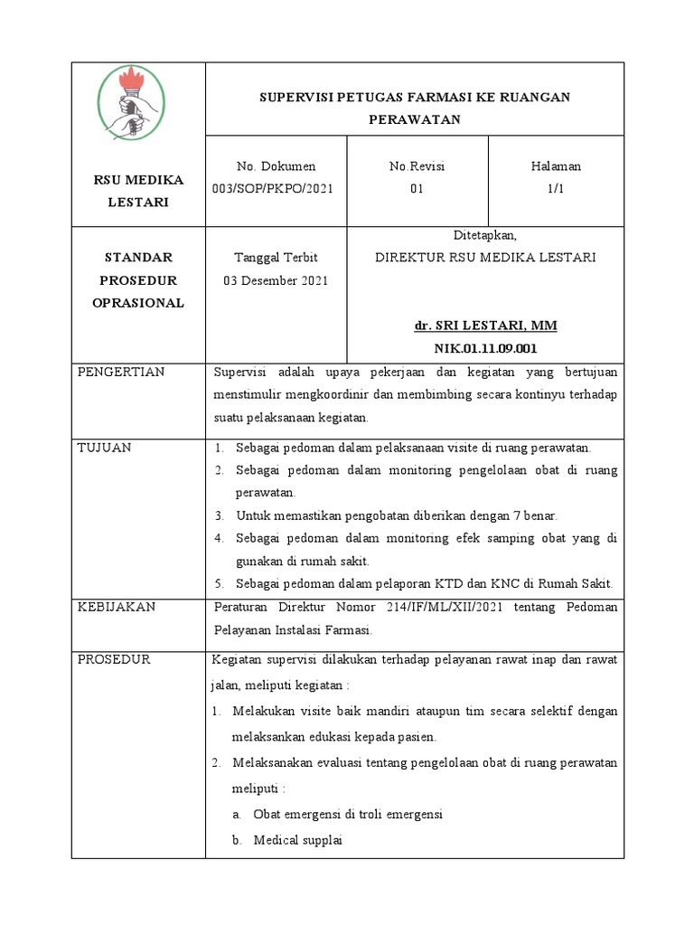 Sop Supervisi Farmasi Ke Ruang Perawatan | PDF