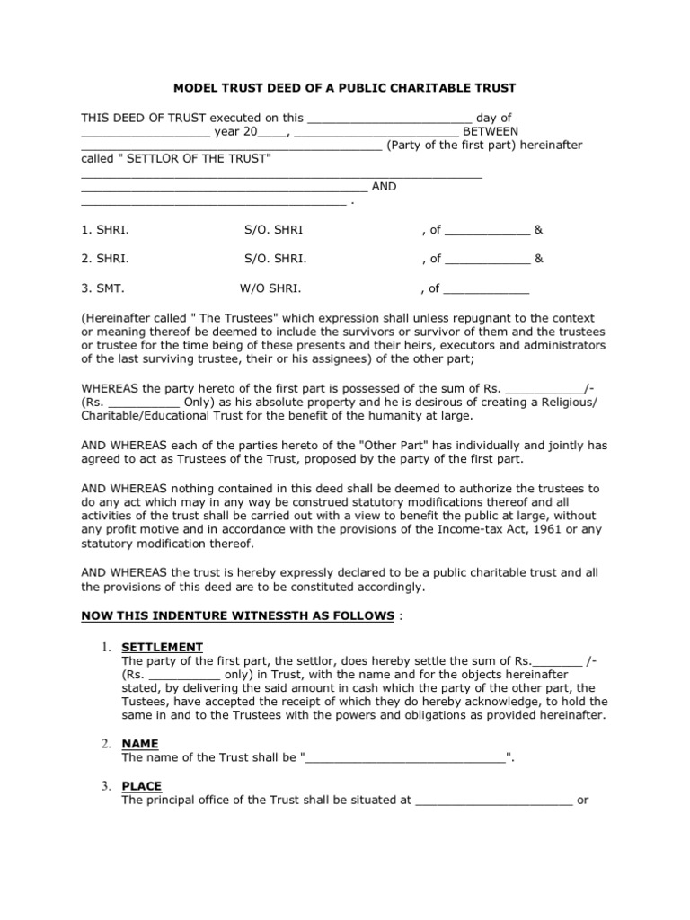 Model Trust Deed and Other Forms | Trust Law | Trustee