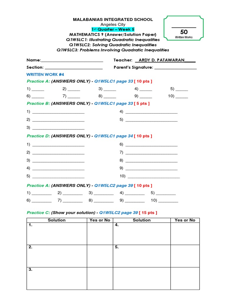 G9 Answer Sheet W5 6 | PDF | Function (Mathematics) | Mathematical Objects