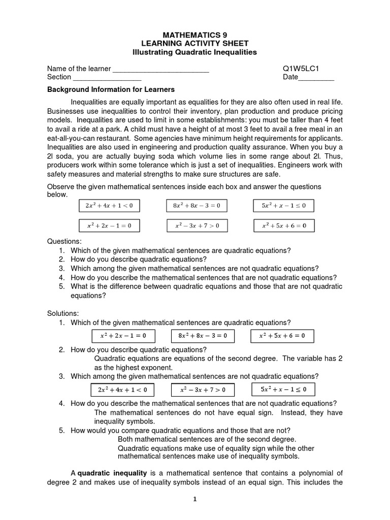 Grade 9 Las Mathhs q1 w5 | PDF | Inequality (Mathematics) | Quadratic ...