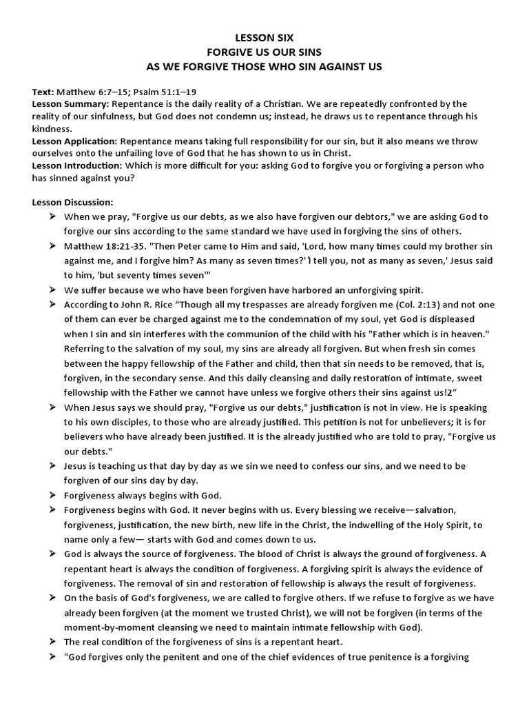 Lesson 6 Forgive Us As We Forgive Others | PDF | Forgiveness ...