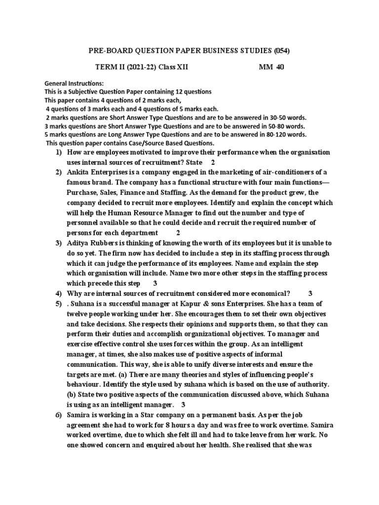 Question Paper Business Studies Term 2 | PDF | Human Resources | Business