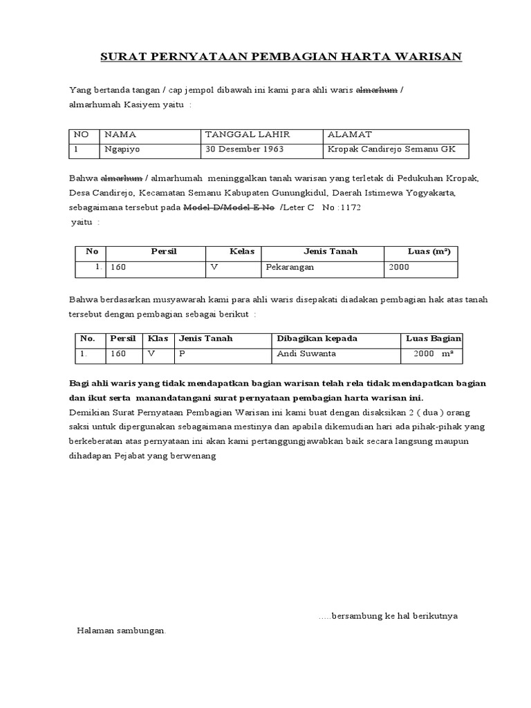 Surat Pembagian Warisan | PDF