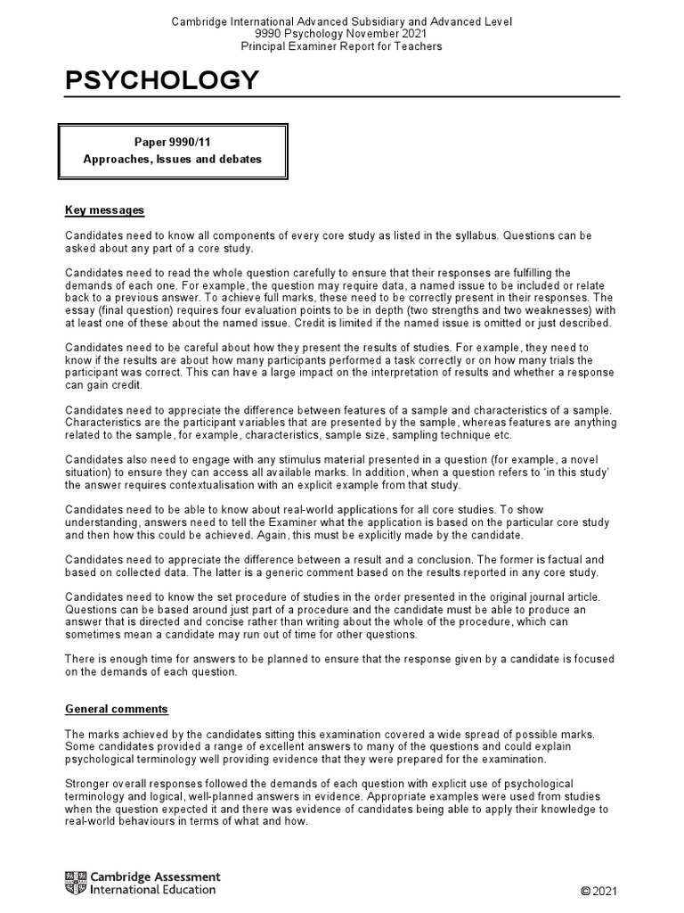 Psychology: Paper 9990/11 Approaches, Issues and Debates | PDF ...