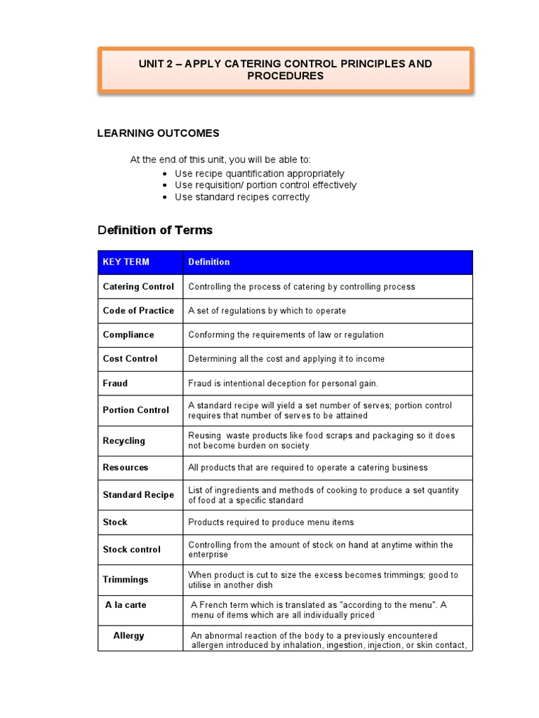 Catering Control and Terminology Guide | PDF | Foods | Recycling
