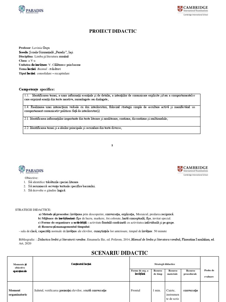 PROIECT DIDACTIC Clasa A V-A Basmul - Consolidare-Recapitulare | PDF