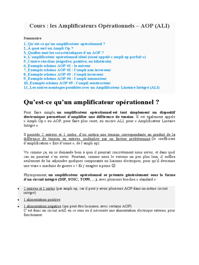 Cours AOP - ALI | PDF | Amplificateur opérationnel | Amplificateur électronique
