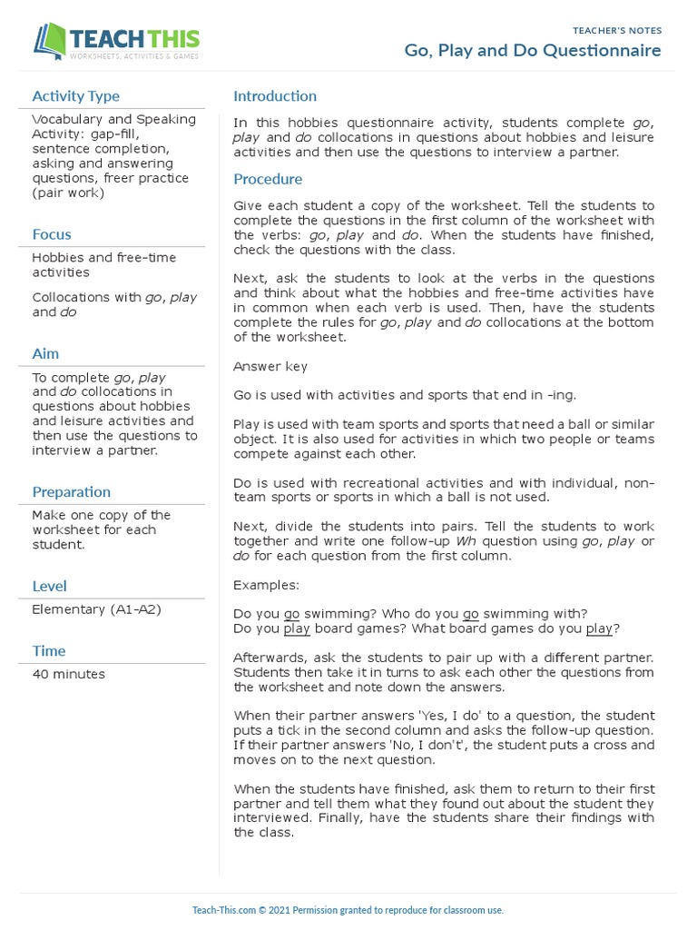 Hobbies Questionnaire: Go, Play, Do | PDF | Cognitive Science | Linguistics