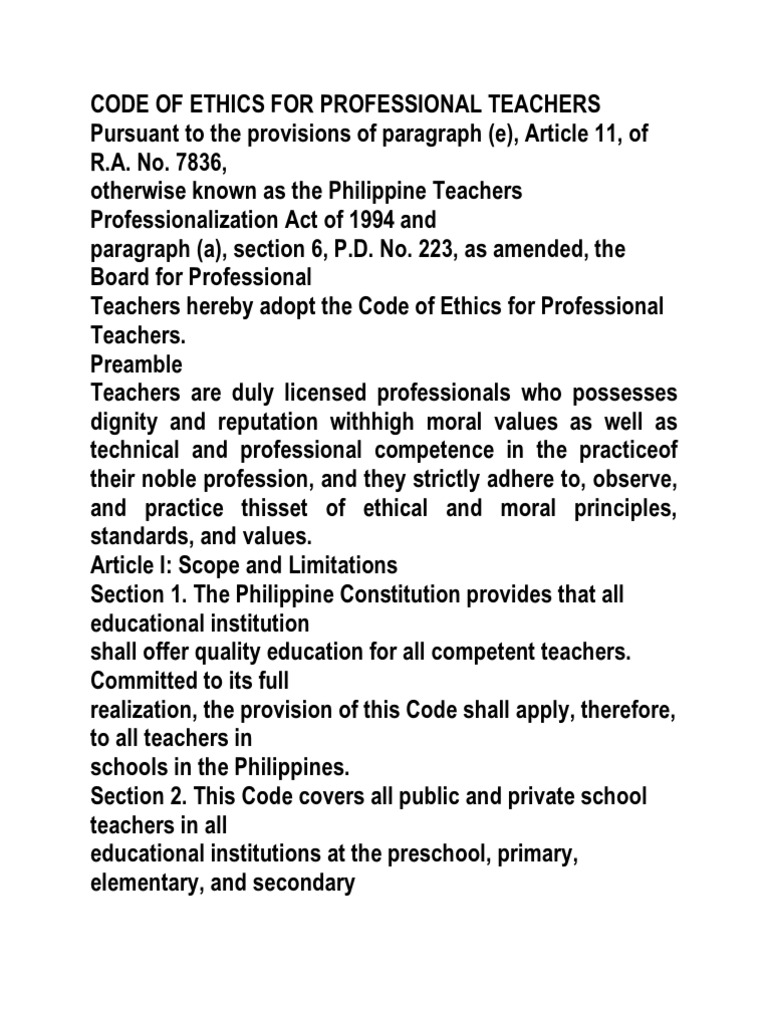 Code of Ethics For Professional Teachers | PDF