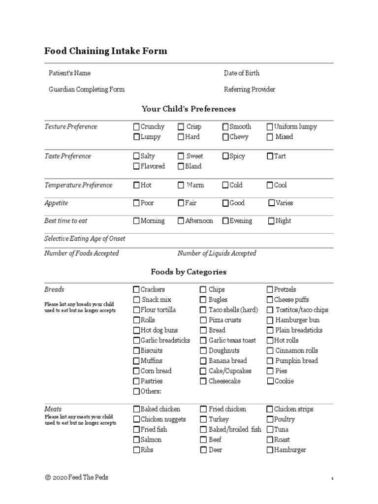 Food Chaining Intake Form | PDF | Fruit | Pancake