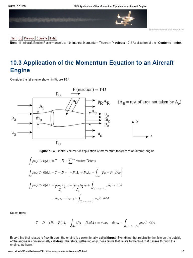 10.3 Application of The Momentum Equation To An Aircraft Engine ...