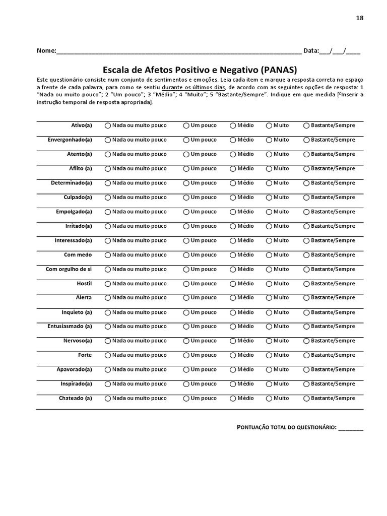 Escala de Afetos Positivos e Negativos PANAS | PDF | Psicologia ...