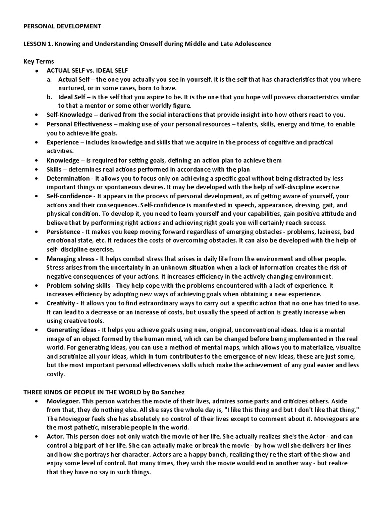 Coverage For Summative Test in PERSONAL DEVELOPMENT Lesson 1 and 2 ...