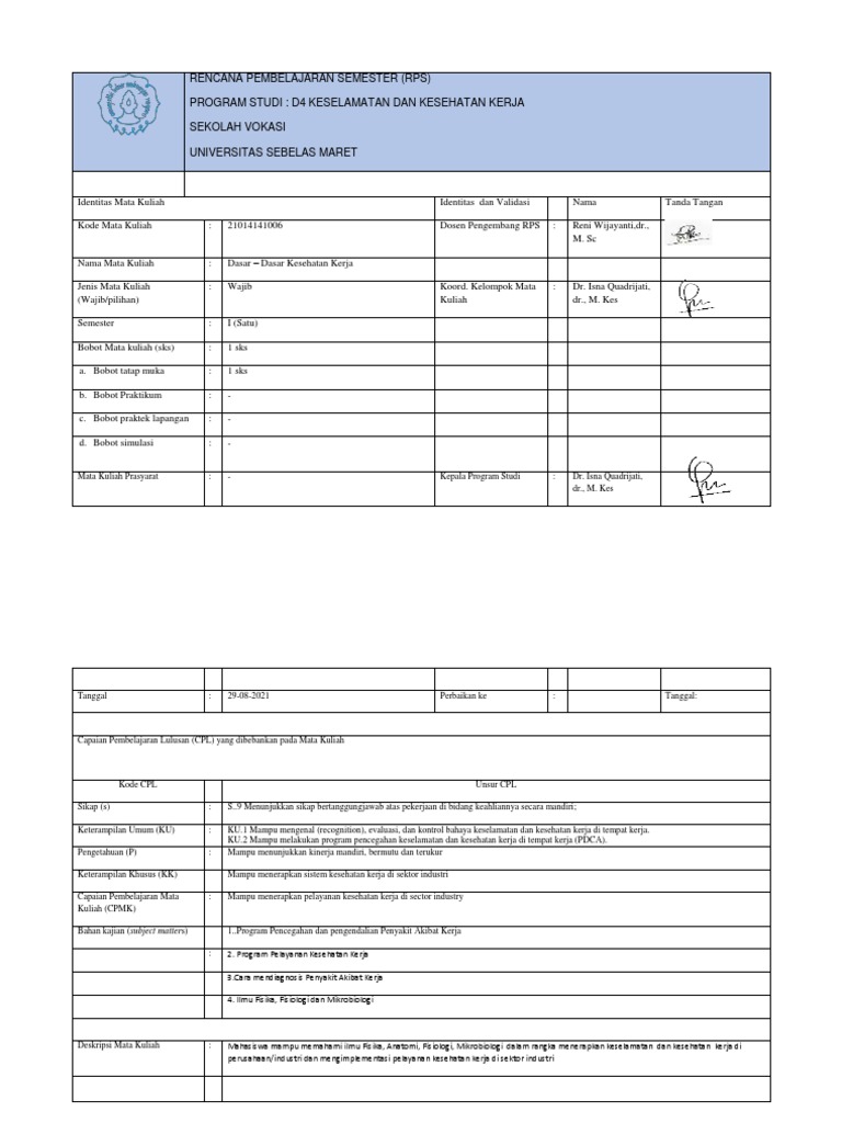 Rps-1-Dasar-Dasar Kesehatan Kerja | PDF
