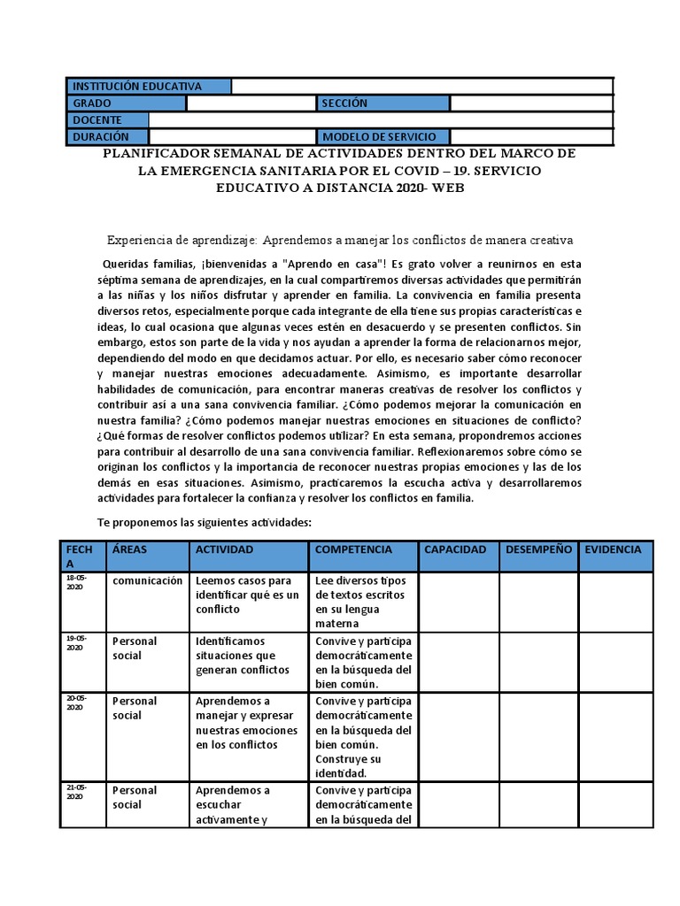 PLANIFICADOR SEMANAL APRENDO EN CASA - LAR-Modelo | PDF | Aprendizaje | Las emociones