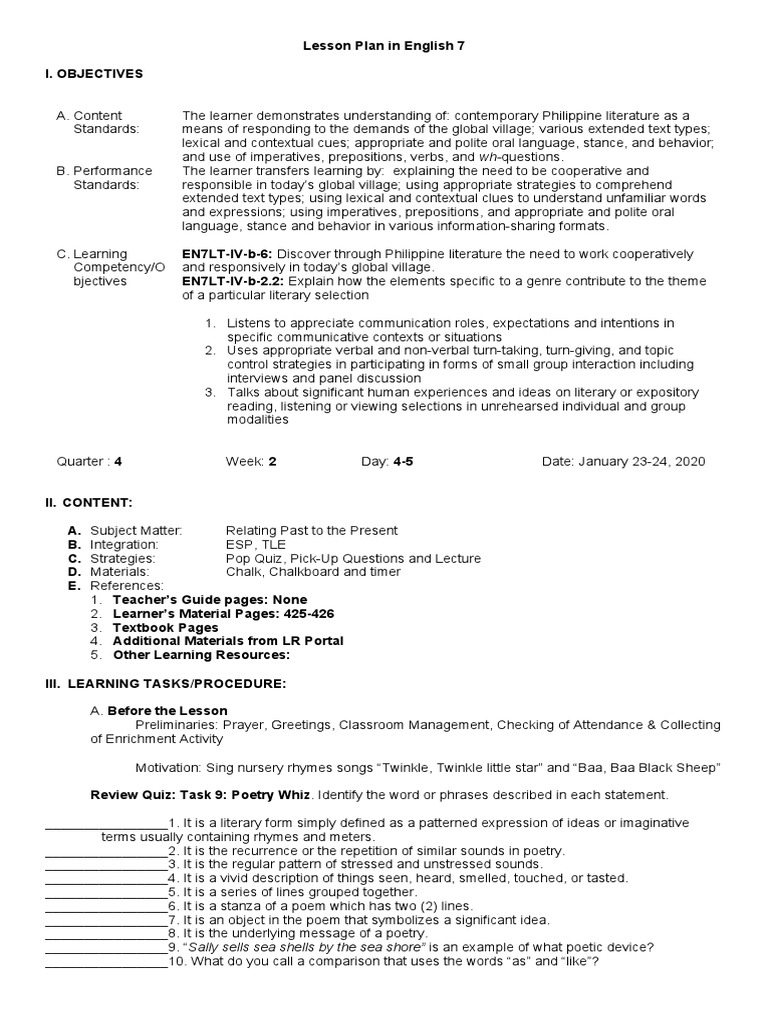 Lesson Plan in English 7 (Day 3) | PDF | Poetry | Lesson Plan