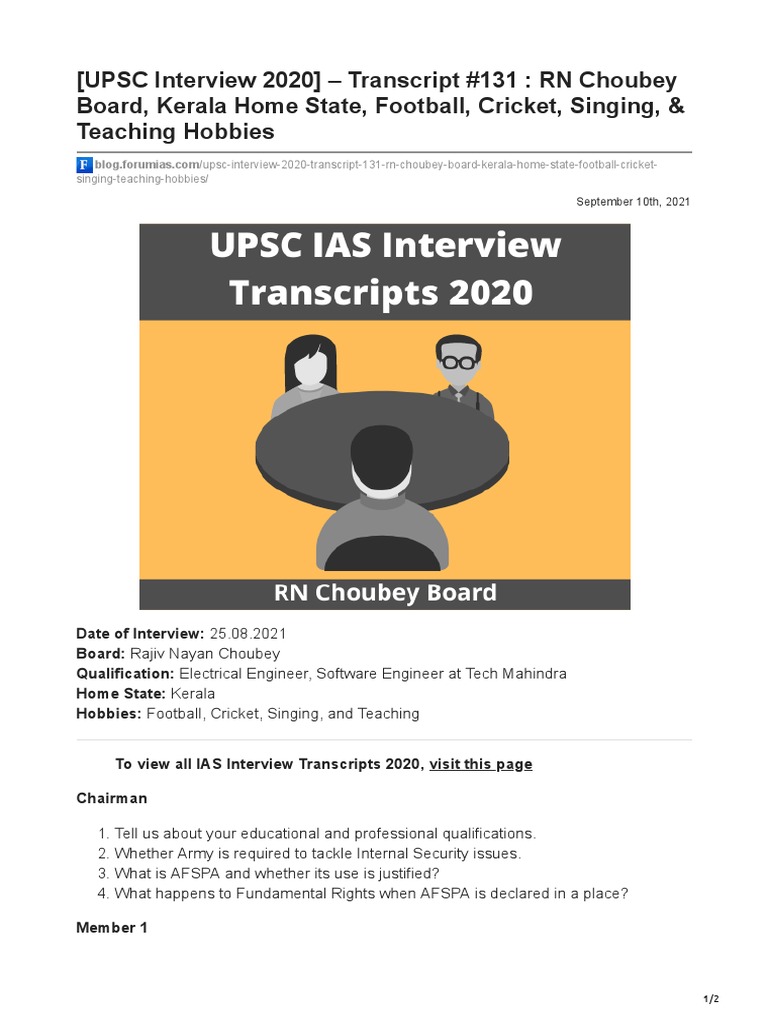 (UPSC Interview 2020) - Transcript #131: RN Choubey Board, Kerala Home ...