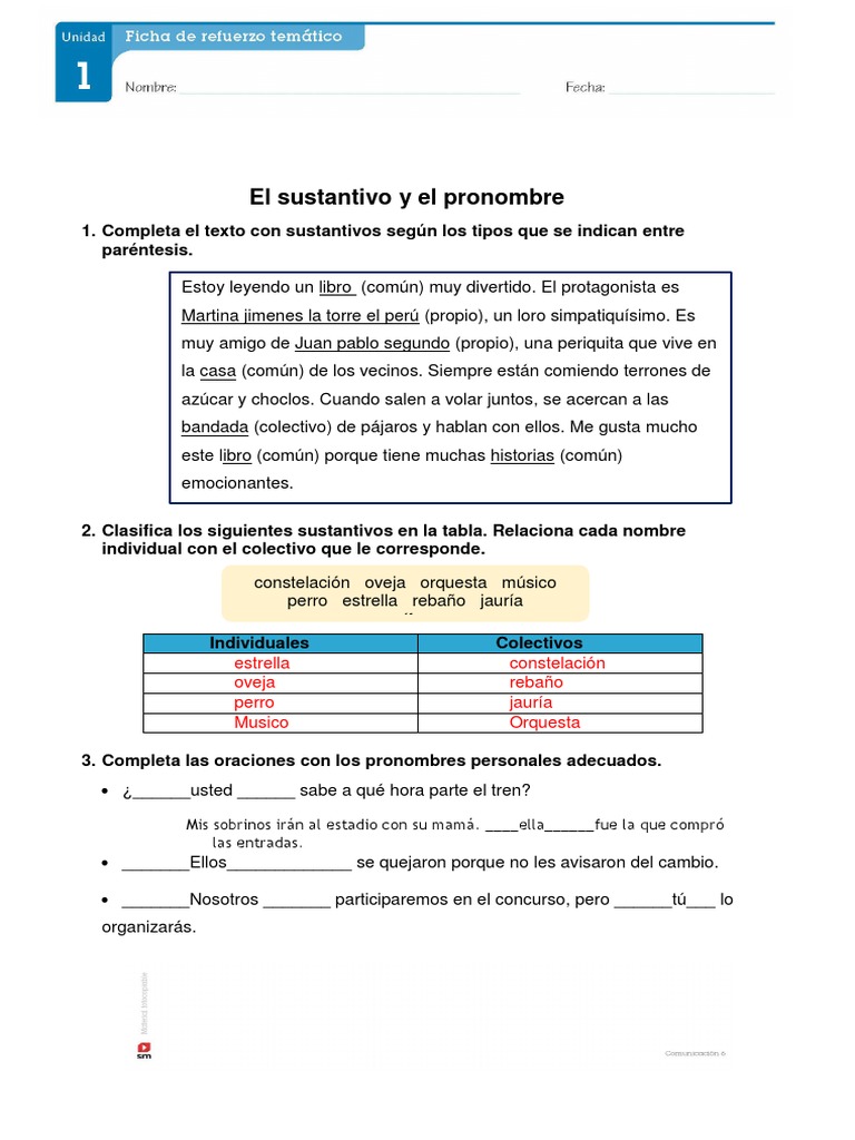 Ficha de Refuerzo - Sustantivo y Pronombre | Descargar gratis PDF ...