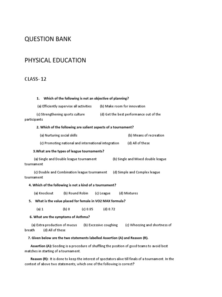 12-Pe Question Bank - Physical Education - Class - 12 | PDF ...