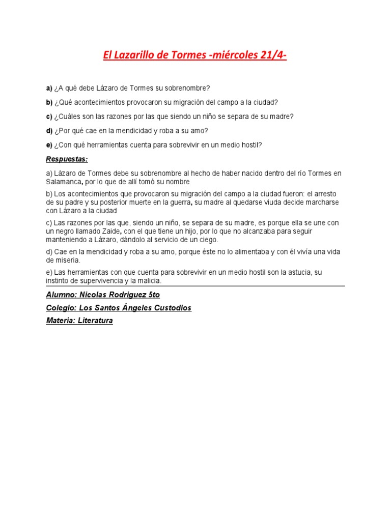 El Lazarillo de Tormes Miercoles 21 de Abril | PDF