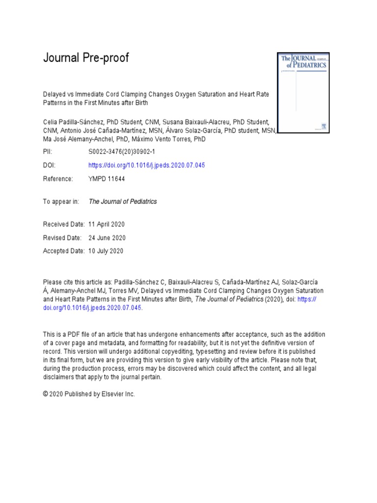 2020 Delayed Vs Immediate Cord Clamping Changes Oxygen Saturation and ...