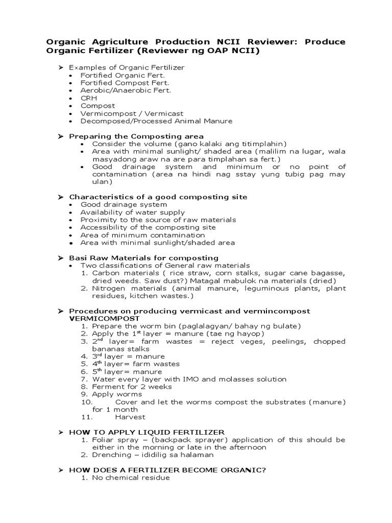 Organic Agriculture Production NCII Reviewer-FERTILIZER | PDF | Compost ...