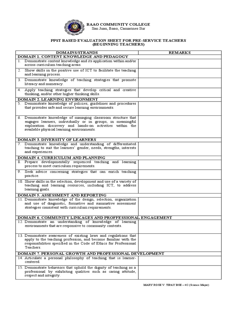 PPST Based Evaluation Sheet For Pre Service Teachers | PDF | Teaching ...