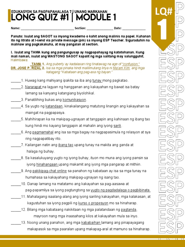 Long QUIZ ESP7 Module 1 | PDF