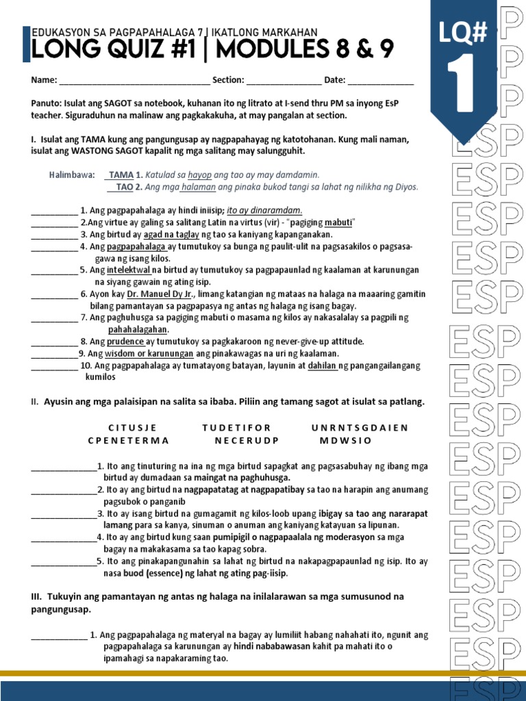 Long QUIZ ESP7 Modules 8 and 9 | PDF