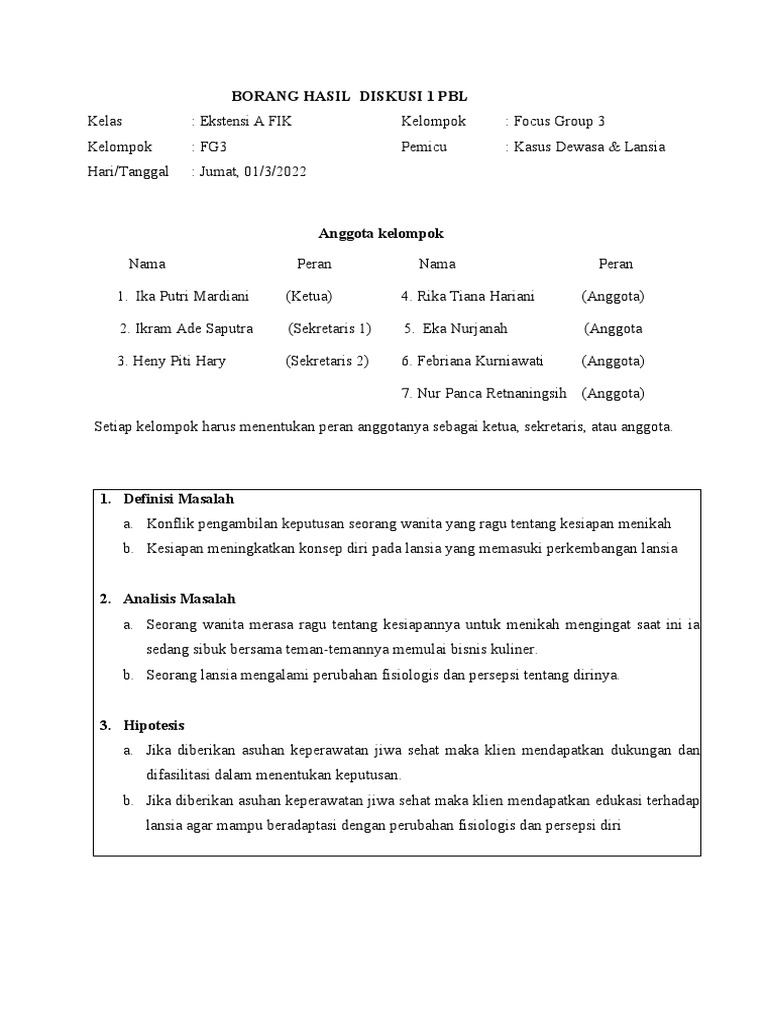 BORANG HASIL DISKUSI 1 PBL - FG3 Revisi | PDF