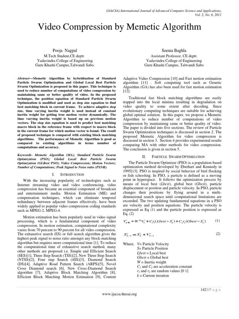 Video Compression by Memetic Algorithm | PDF | Algorithms | Areas Of Computer Science