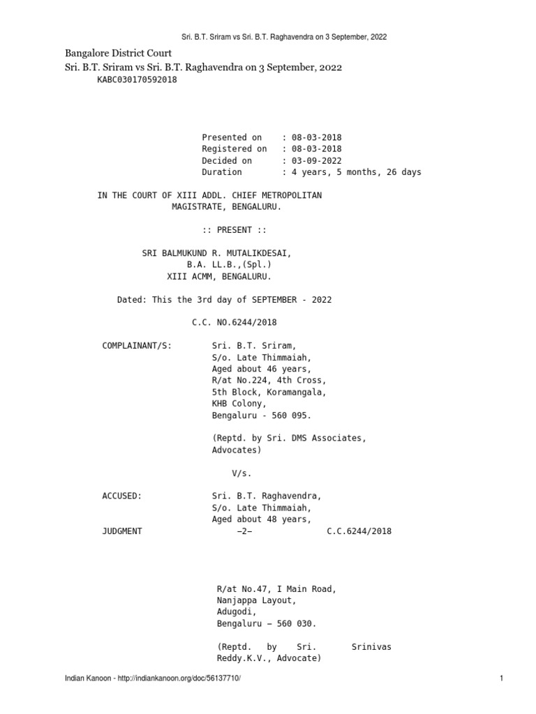 Sri B T Sriram Vs Sri B T Raghavendra On 3 September 2022 | PDF | Bail ...