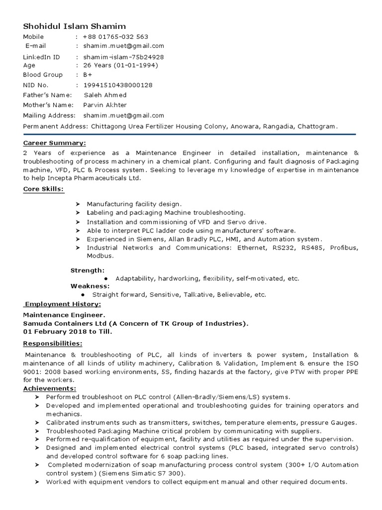 Resume - Shamim - B.SC in EEE. - Incepta | PDF | Programmable Logic Controller | Engineering