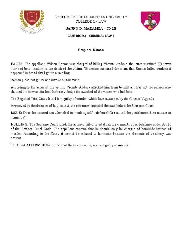 Case Digest - Criminal Law 1 | PDF | Murder | Criminal Law