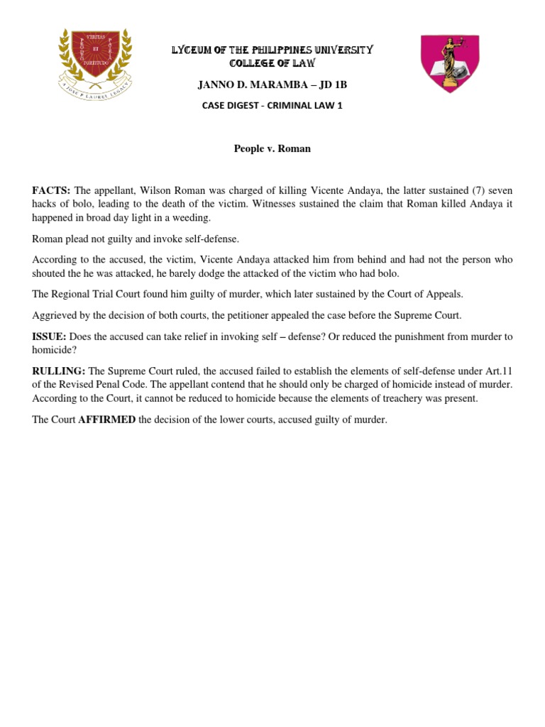 Case Digest Week 3 - Criminal Law 1 | PDF | Murder | Domestic Violence