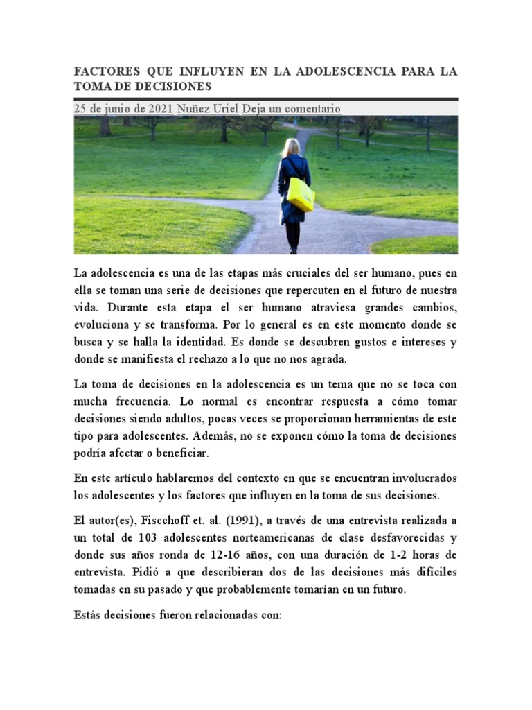 Factores Que Influyen en La Adolescencia para La Toma de Decisiones | PDF | Toma de decisiones ...